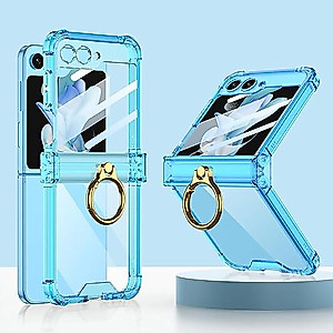 TECHY for Samsung Z Flip 5 Case with Hinge Protection, Galaxy Z Flip 5 Clear Airbag Case with Ring Stand Built-in Screen Protector Protective Cover for Samsung Galaxy Z Flip 5, Clear Blue