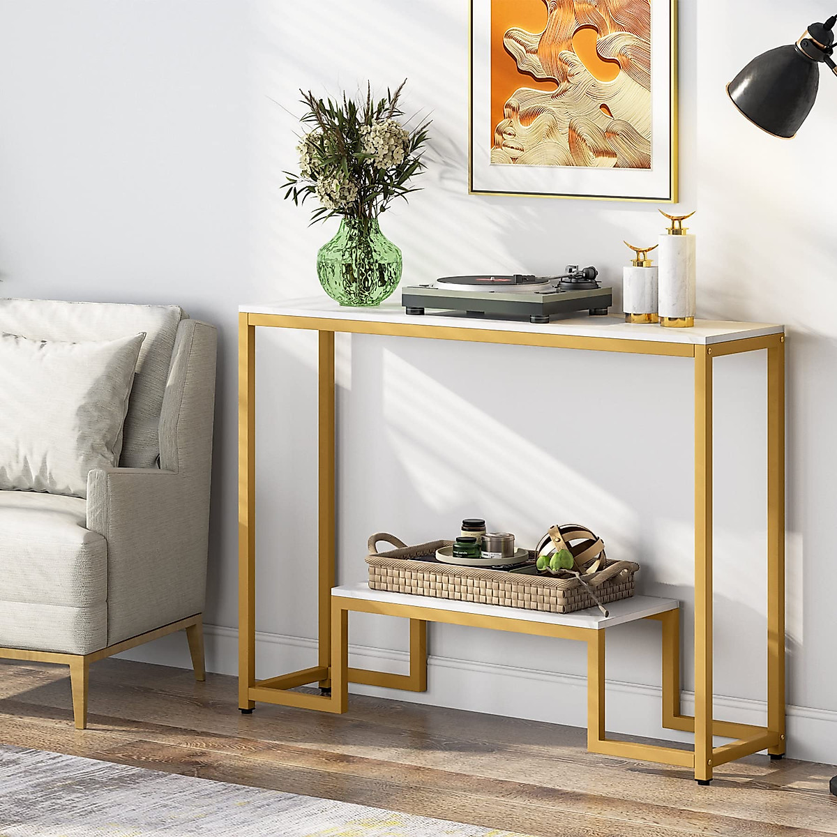 Tribesings White and Gold Narrow Console Sofa Table with Faux Marble Veneer for Entryway, Mid-Century Modern Accent Table for Living Room 42.5''WX11.81''DX31.5''H