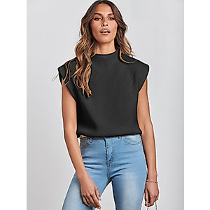 ANRABESS Women's Mock Neck Sleeveless Sweater Vest Casual Cap Sleeve Knit Pullover Tank Tops 2025 Spring Summer Clothes Black-M