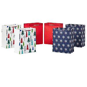 Hallmark 9" Medium Holiday Gift Bag Bundle (6 Bags, 3 Designs: Red Polka Dot, Colorful Christmas Trees, Navy Snowflake) for Christmas, Birthdays, Kids
