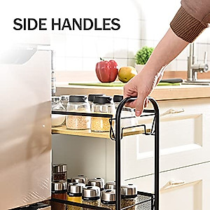 KINGRACK 4-Tier Slim Rolling Cart,Metal Utility Cart,Slide Out Storage Cart with Wooden Tabletop and Mesh Baskets for Narrow Space on Kitchen Bathroom Laundry Room Bedroom Apartments Dormitory, Black