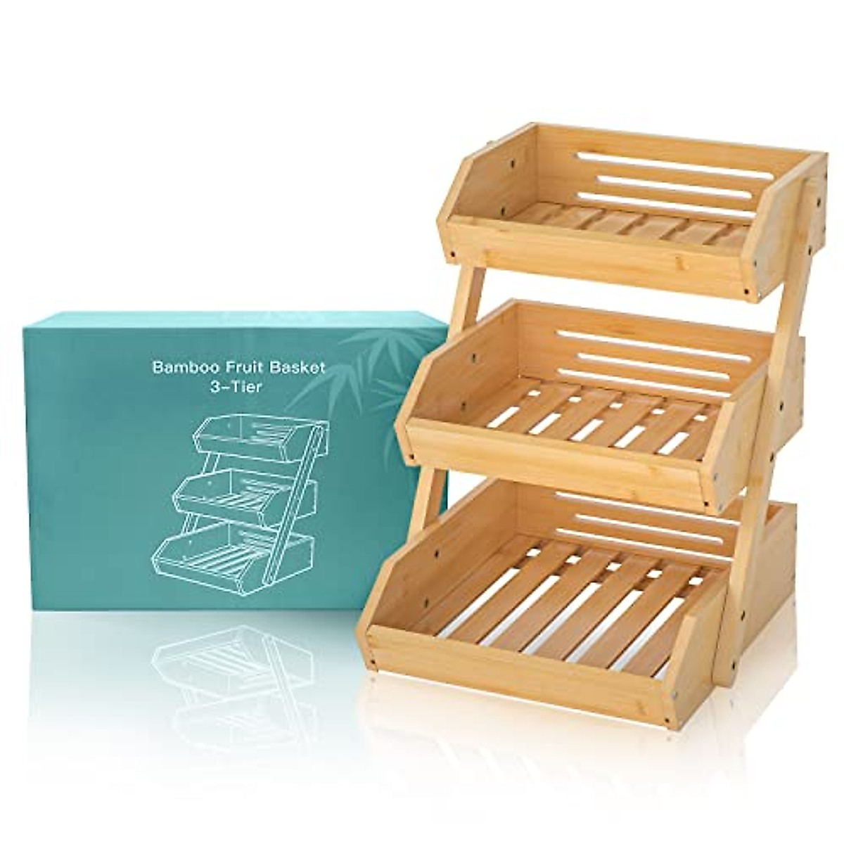 G.a HOMEFAVOR Bamboo Fruit Basket, 3 Tier Fruit Holder for Kitchen Countertop, Fruit Organizer for Kitchen Counter, Vegetable Storage Stand, 15 mm Thickness (Self-assembly)