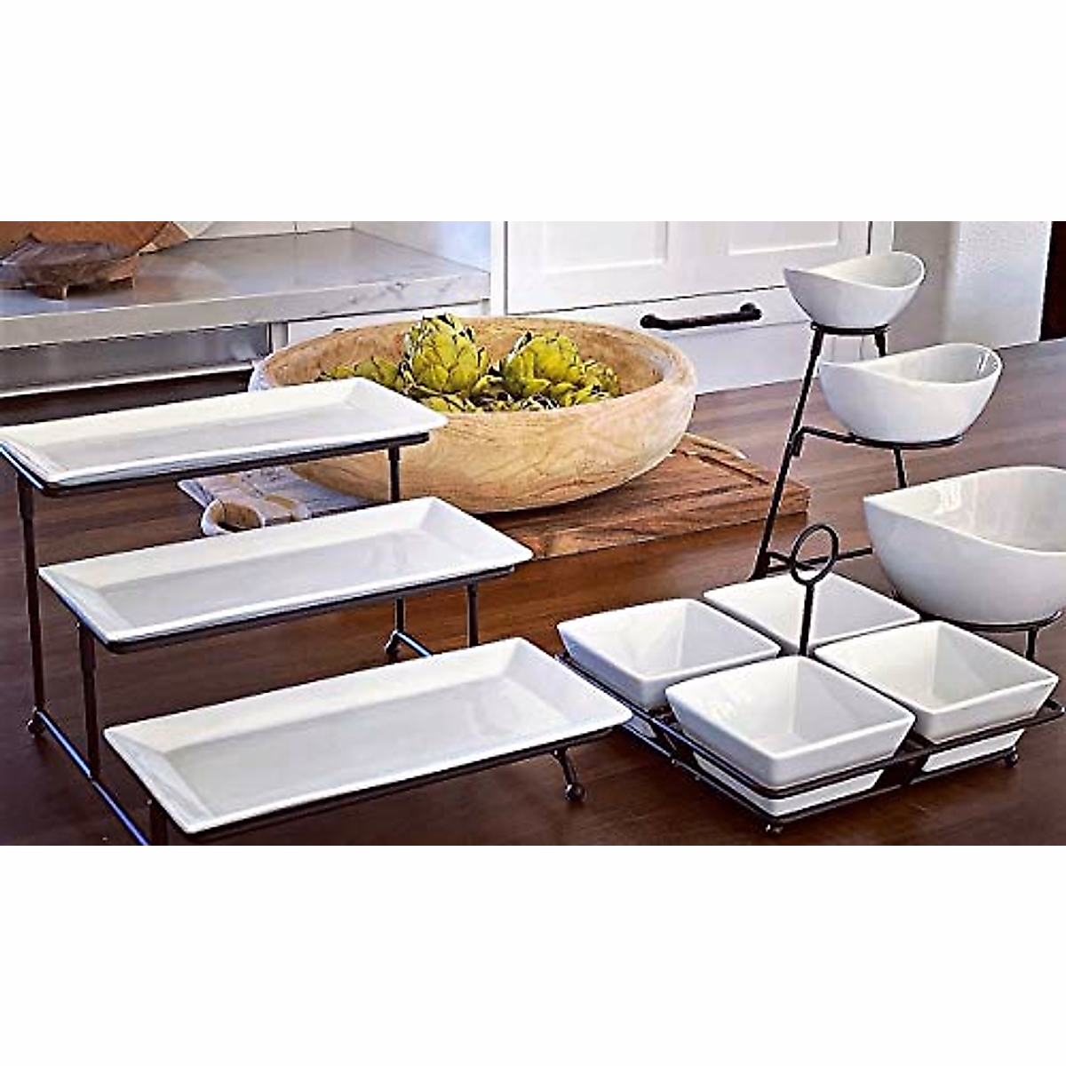 Partito Bella 3 Tier Swiveling Plate Rack Stand Including Three 12x6 Pro-Grade Porcelain Platters for Presentations of Any Kind – Thicker Sturdier Collapsible Stand and Stackable Platters