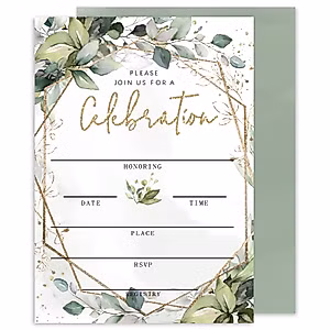 Whaline 25 Sets Greenery Invitations with Envelopes Stickers Watercolor Eucalyptus Leaves Invitation Cards Green Leaves Blank Invites for Wedding Bridal Baby Shower Birthday, 5 x 7 Inch