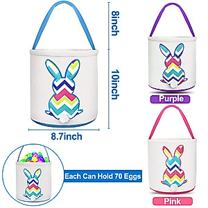TURNMEON 3 Pack Easter Baskets Bags for Kids, Bunny Canvas Personalized Candy Easter Eggs Hunt Baskets Bucket Tote Bags with Rabbit Fluffy Tail for Boys Girls Easter Party Favors Decorations Gifts Toy