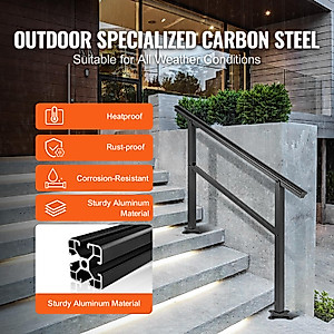 VEVOR Handrail for Outdoor Steps, 3-4 Steps Outdoor Handrail, Adjustable Aluminum Staircase Handrail, Thickened Stair Railings for Porch Railing, Deck Handrail