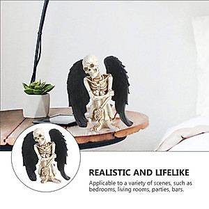 VOSAREA Resin Skeletons Statue Skull Collectible Figurine with Black Angle Wings Resin Figures Decoration for Home Shelves Porch Yard Garden Fireplace Mantle