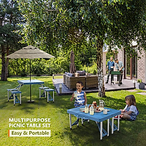 VINGLI 4 Ft Camping Picnic Table Set with 4 Seats with Umbrella Hole Folding Lightweight Suitcase Card Table-220 Lbs Support Aluminum Frame, Plastic RV Tabletop for Barbecue,Travel,Outing,Gathering