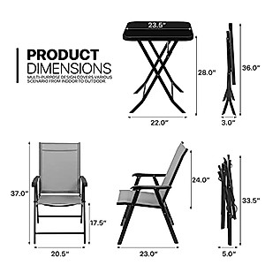 MoNiBloom 3 Piece Patio Bistro Dining Set, 2 Foldable Outdoor Chairs and Round Table w/Tempered Glass Tabletop for Balcony Lawn Garden Backyard