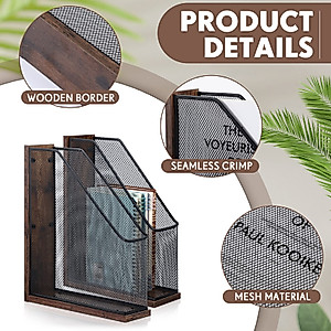 Perkoop 2 Pcs Mesh Magazine File Holder Metal Wooden Magazine File Holder Antique Mesh Wire File Organizer Desktop Magazine Rack Metal Desk Organizer for Document Folder School Office File Storage