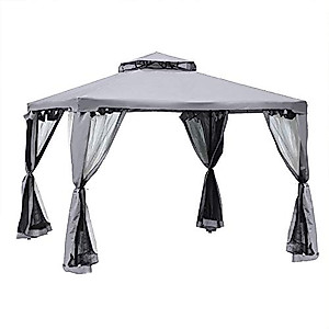 Outsunny 10' x 10' Patio Gazebo Outdoor Canopy Shelter with 2-Tier Roof and Netting, Steel Frame for Garden, Lawn, Backyard and Deck, Grey