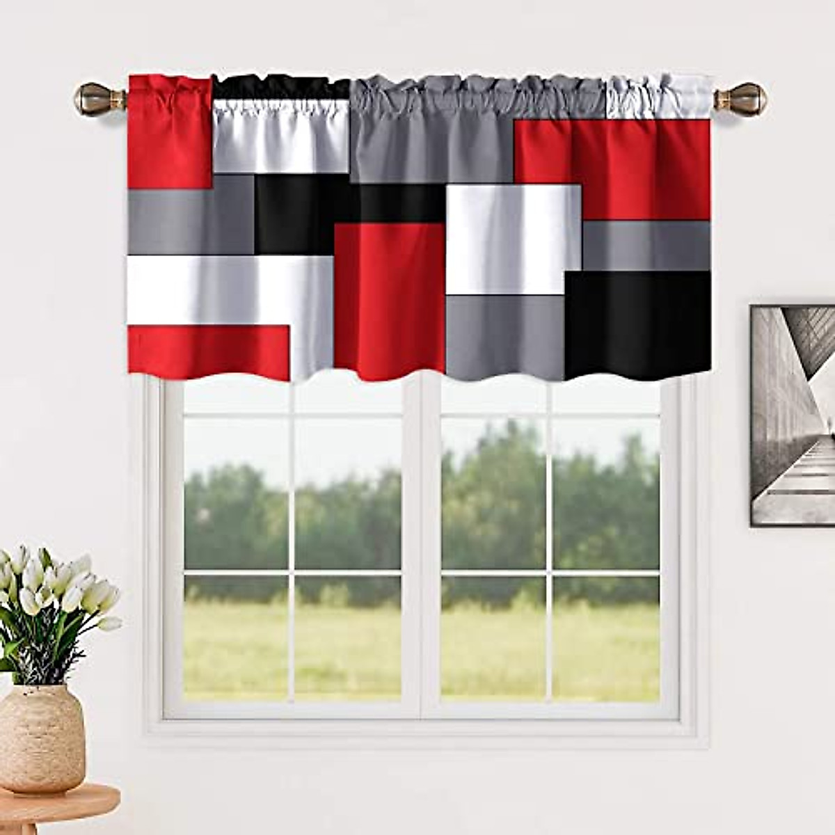 HAISUKA Red Kitchen Curtains Tiers and Valances Set of 3 Black Grey Red Kitchen Decor and Accessories Abstract Art Kitchen Window Curtains for Cafe Living Room