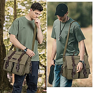 WITZMAN Vintage Canvas Messenger Bag for Men and Women Large Satchel Bags Crossbody with 12 inch Laptop (A8008 army green)