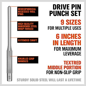 9-Piece Roll Pin Punch Set - Fast Pin Removal - Durable Steel & Construction - For Automotive, Firearm Maintenance, Gunsmithing, Watch, Jewelry & Craft Repair - Knurled Grip - Versatile Sizes