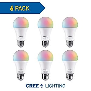 Cree Lighting Connected Max Smart Led Bulb A19 60W Tunable White + Color Changing, 2.4 Ghz, Compatible With Alexa And Google Home, No Hub Required, Bluetooth + Wifi, 6Pk