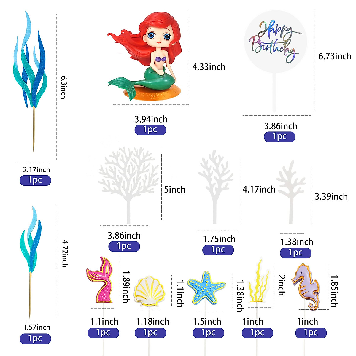 12 PCS Mermaid Cake Topper, Cute Big Eyes Mermaid Doll Cake Topper, Resin 2D Starfish Seaweed Seahorse Shell Felt Seaweed Acrylic Coral for Birthday Party, Baby Shower, Wedding, Mermaid Cake Supplies