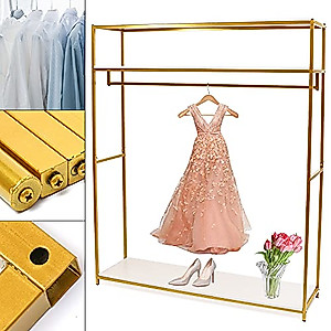 GDAE10 1.8m Height Gold Garment Rack with Three-tiers Wood Board Stand Iron Wedding Dress Bridal Garment Rack Dress Display Stand Floor Hanger Storage Rack for Home Wedding Clothing Store