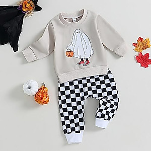 Lamuusaa Newborn Baby Boy Halloween Outfit Ghost Crewneck Sweatshirt Tops Checkerboard Pants Halloween Baby Clothes 0-3T