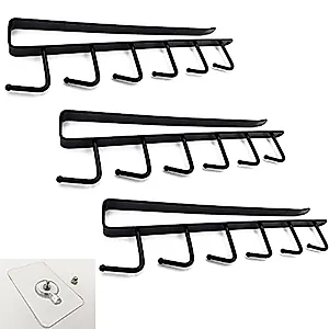3 Pcs Mug Hooks Under Shelf, Cup Holder Under Cabinet, Coffee Mugs Cups Storage Rack Holder Hanger, Adhesive Drilling Free 6 Hook Coffee Cup Mug Holder Hanger for Kitchen Cabinet Shelf