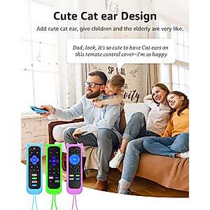 3Pcs Cover for Roku Remote with Cat Ears Design, Silicone Skin Case Compatible with Hisense/TCL Roku TV, Steaming Stick/Express, Universal Replacement Controller. Glow in The Dark Green/Blue/Purple