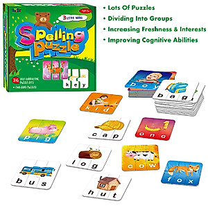 72 Word Spelling Puzzles with Error-Correction Mechanism in 3 Pieces, Perfect for Preschool Learning (36 Block Double Sided)
