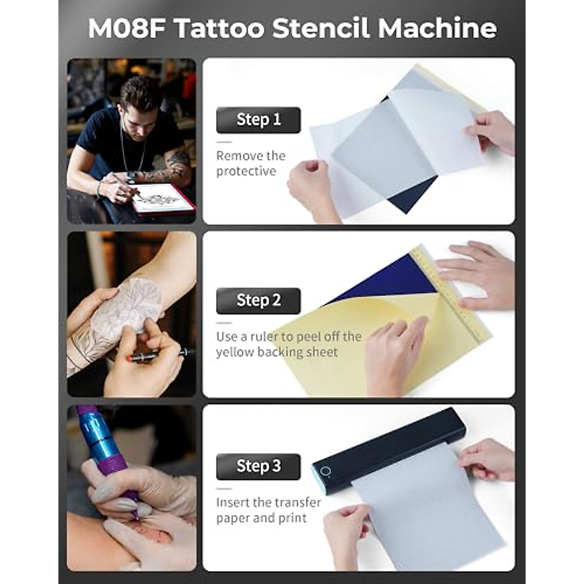 Itari M08F Tattoo Stencil Printer - Tattoo Transfer Machine Thermal Copier with 10pcs Transfer Paper, Bluetooth Stencil Printer for Tattooing, Henna Tattoo Machine Kits Compatible with Phone Ipad & PC