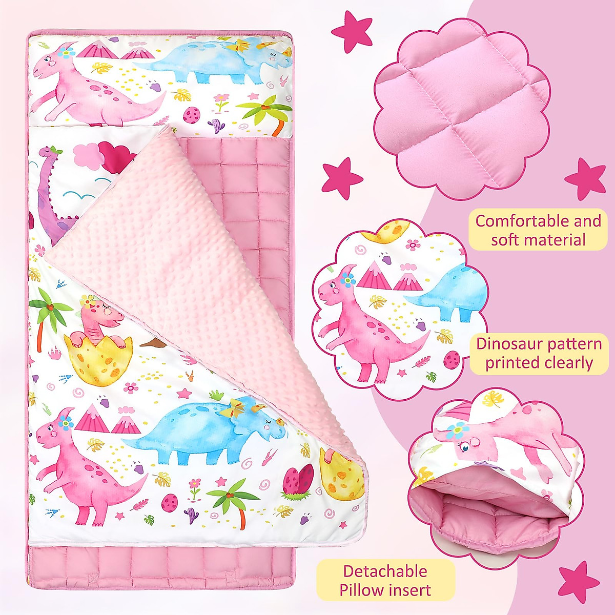 Timgle Toddler Nap Mats for Daycare Toddler Nap Mat with Pillow for Girls Toddler Sleeping Bag with Removable Pillow and Soft Blanket for Daycare,Preschool,Kindergarten,Sleepovers(Dinosaur)