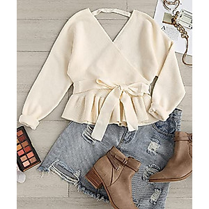 ZESICA Women's 2023 Fall Wrap V Neck Long Batwing Sleeve Belted Waist Ruffle Knitted Sweater Pullover Top,Apricot,Medium