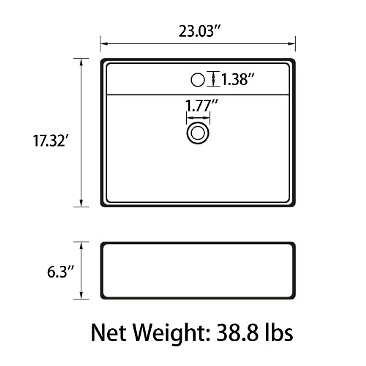 Sinber BVS2417A-OK 24" x 17" x 6.3" White Rectangular Ceramic Countertop Bathroom Vanity Vessel Sink