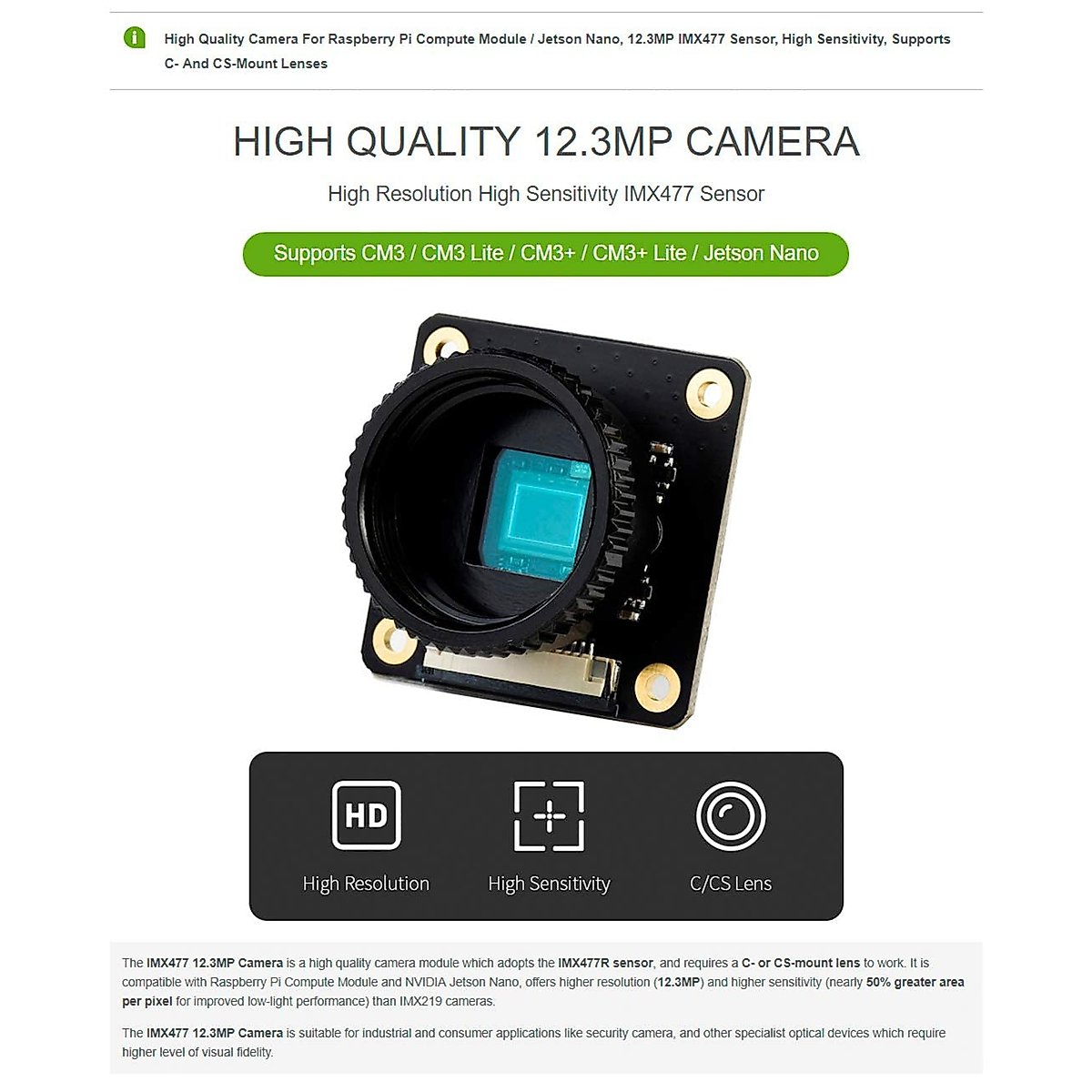 Bicool IMX477 Sensor 12.3MP Camera for Compute Module 3/ CM3 Lite/ CM3+ / CM3+ Lite/Jetson Nano,Supports C/CS Lenses,High Resolution High Sensitivity