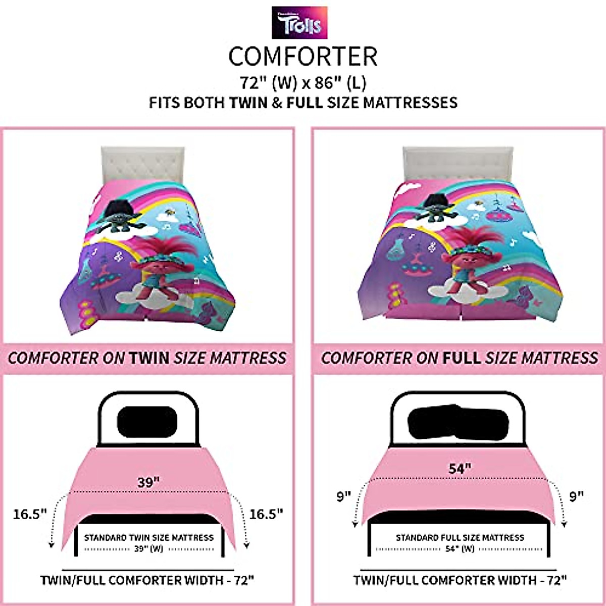 Franco Kids Bedding Super Soft Reversible Comforter, Twin/Full, Trolls World Tour