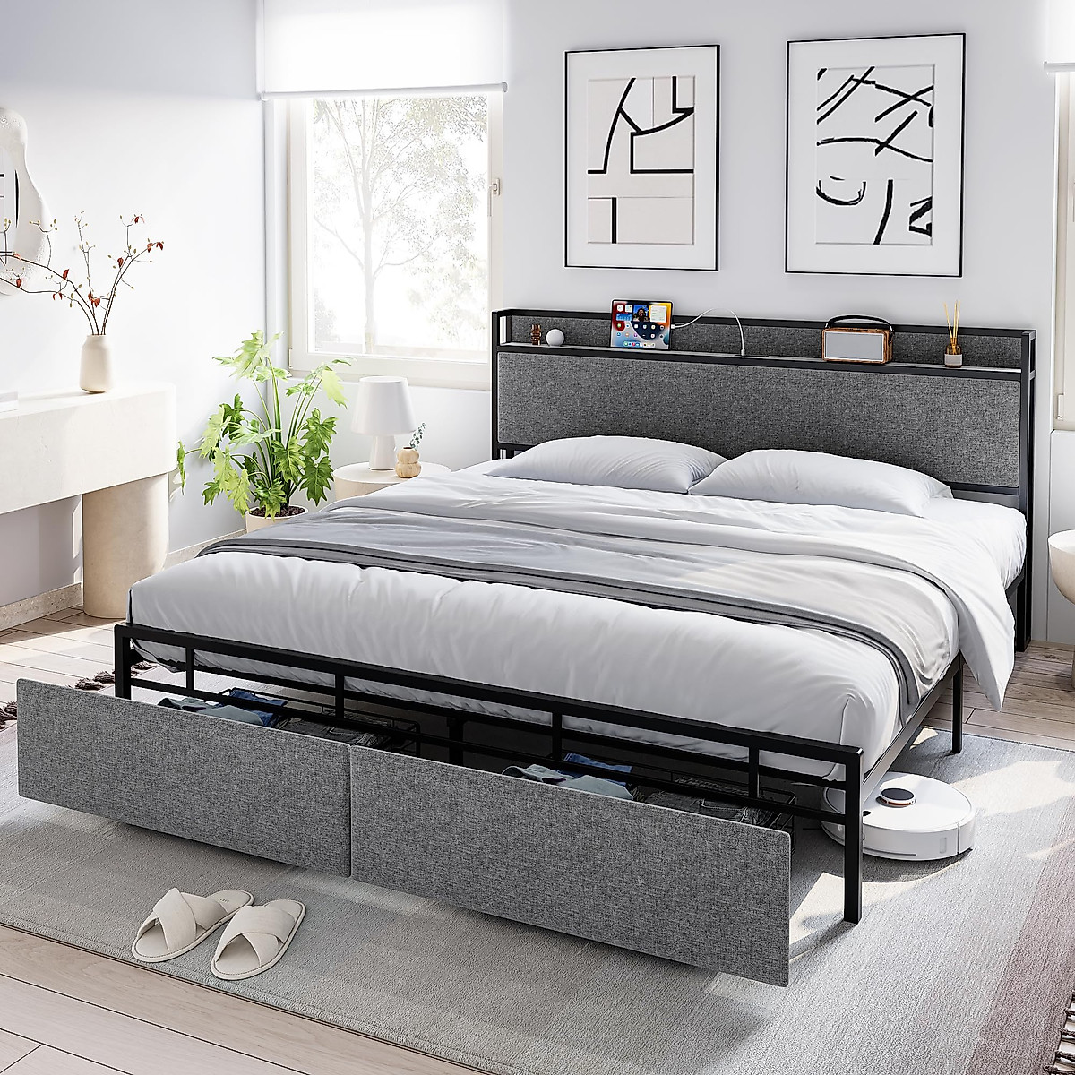 GAOMON Full Size Bed Frame with Headboard and Storage, Drawers Platform Bed Frames with Outlets, Sturdy, Noiseless, No Box Spring Needed, Easy Assembly