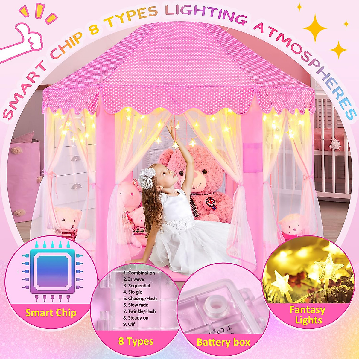 EVOIONOS Princess Tent for Girls, Kids Play Tent with LED Star Lights, Castle Playhouse for Children Indoor Outdoor Games, 55X53 inches, Pink