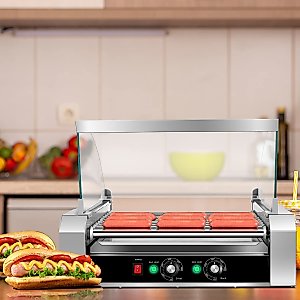 S AFSTAR Commercial 30 Hot Dog 11 Non-Stick Roller Machine, Electric Hot Dog Sausage Grill Cooker Machine with Removable Stainless Steel Drip Tray & Glass Hood Cover, Countertop Hot Dog Roller Warmer