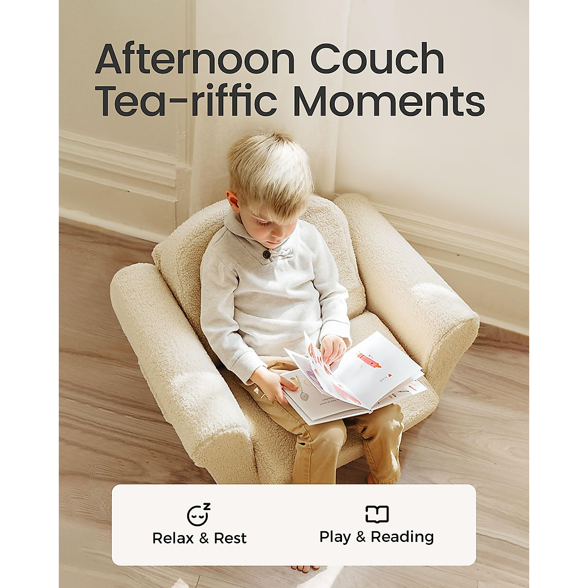 Tiny Land Kids Couch 2-in-1 Foldable Sofa Bed – 3D Teddy Curly with Pockets, Tactile Sensory-Enhancing Lounger for Toddlers, Ideal for Playroom – Afternoon Couch and Chair for Boys and Girls,Cream