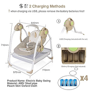 Baby Swings for Infants to Toddler, Compact Baby Swing with 6 Motions, Portable Swing with Music, Sounds, Timing, Baby Rocker with 2 Toys, Plush Seat & Soft Head Support, Machine Washable(Khaki)