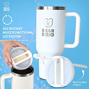 The Original Bear Mug: 40oz Insulated Flask With Handle & Straw | Hot & Cold Insulated | Stainless Steel Water Bottle Alternative | Travel Mug Fits Cupholders | Leak Proof (White)