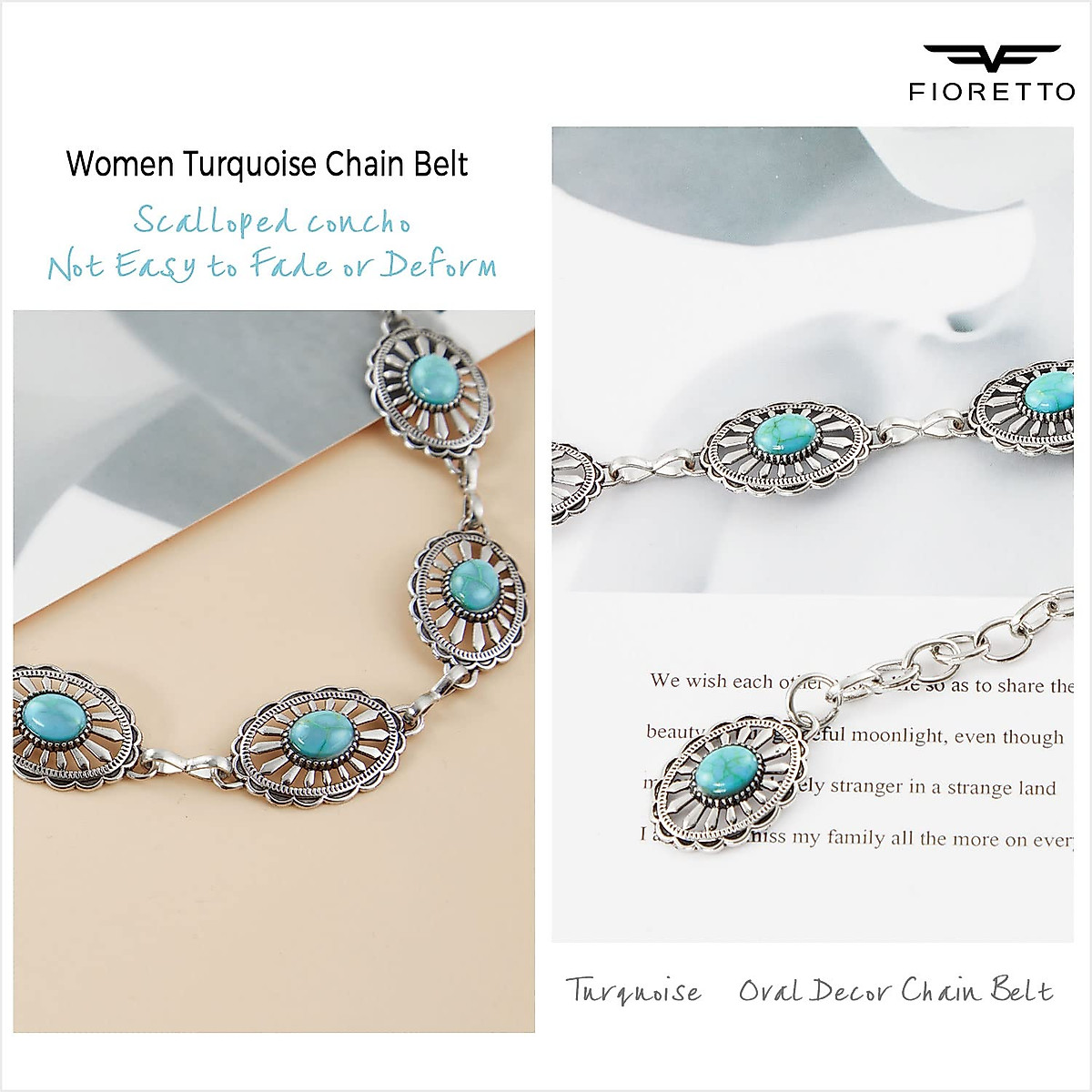 FIORETTO Concho Chain Belt for Women Oval Turquoise Metal Waist Chain Western Belts for Dress Silver