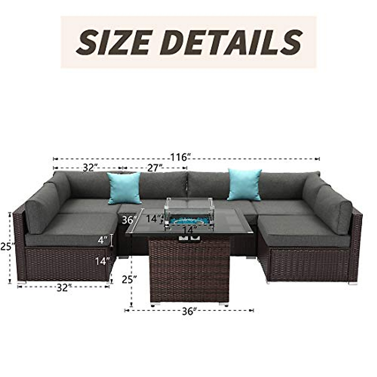 HOMPUS Outdoor Patio Furniture 7-Piece Wicker Sectional Sofa，Dark Gray Cushions w 32-inch Square Propane Fire Pit Table(40,000 BTU)，Internal Tank Storage，Glass Wind Guard