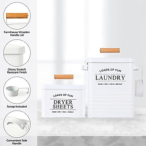 Candco 2 Pcs Farmhouse Laundry Pods Container with Dryer Sheet Holder, Metal Laundry Room Organization and Storage with Scoop, Laundry Detergent Container Laundry Room Decor