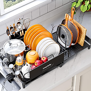 Urackify Dish Drying Rack, Expandable Dish Rack for Kitchen Countertop, Large Extendable Dish Drainer with Pan & Pot Holder, Foldable Multifunctional Dish Strainer with Cup & Utensil Holder, Black