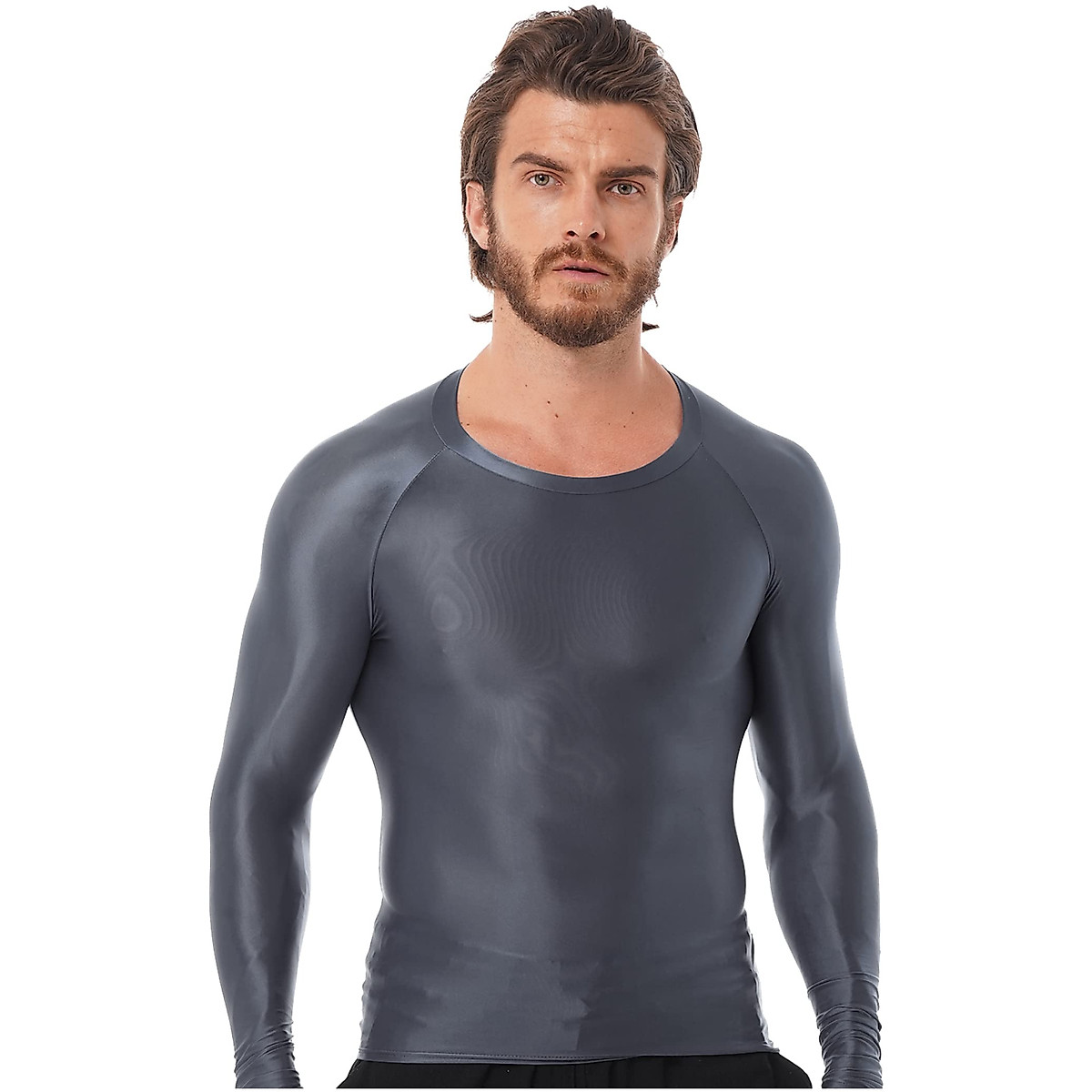 Daenrui Men's Long Sleeve Compression Shirts Sport Athletic Workout Cool Dry Baselayer Running T-Shirt Grey Medium