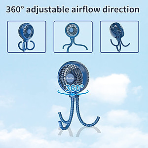HandFun [2023 Upgraded] Stroller Fan, 5-26 Hours Long Last Stroller Fan Flexible Tripod Clip on for Baby, 360°Rotation Portable Rechargeable Fan for Car Seat Crib Bike Treadmill Peloton (Blue)