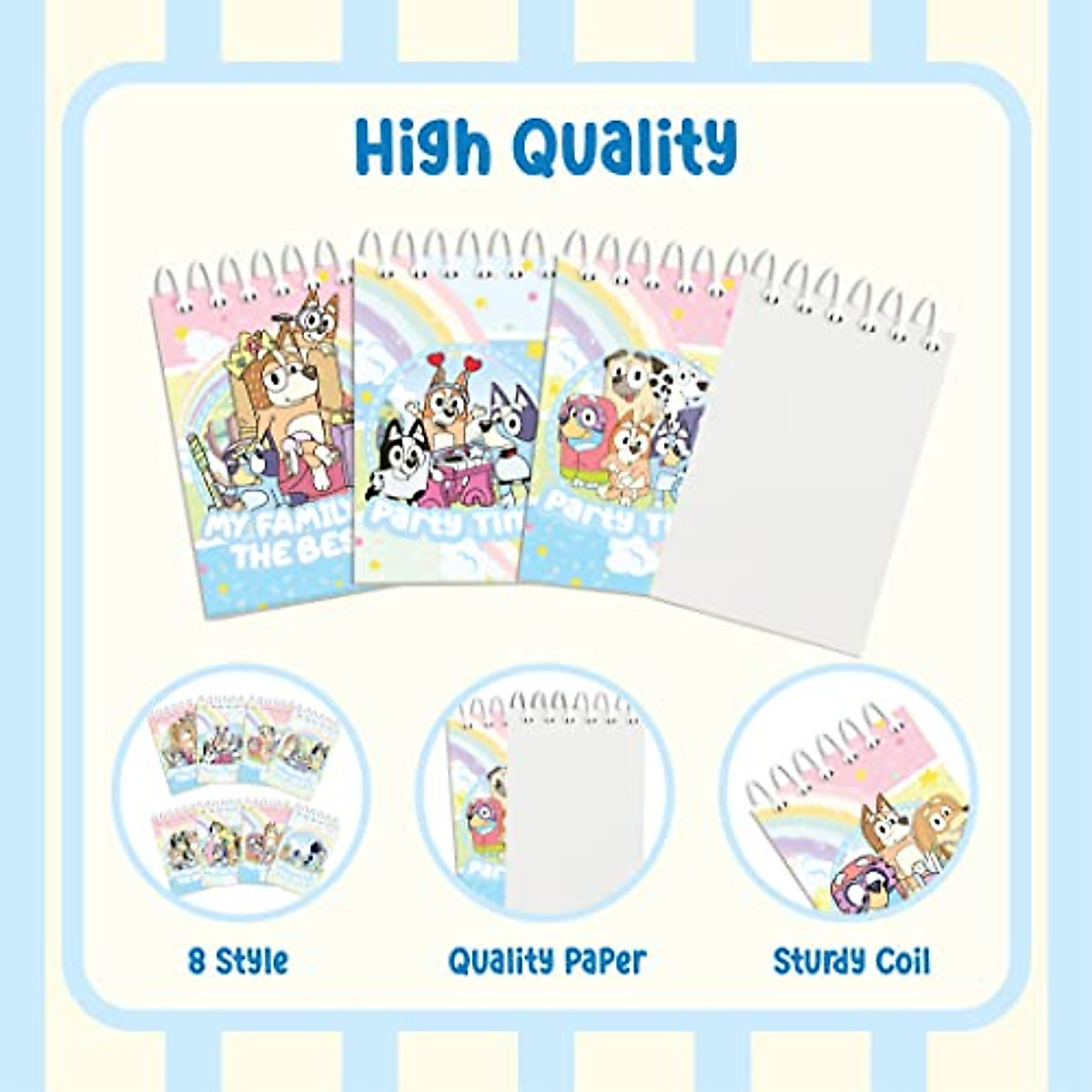 Bluey Birthday Party Supplies, 24Pcs Mini Notepads for Bluey Birthday Party Favors, Goodie Bag Stuffers, Children Classroom Rewards, 8 Types