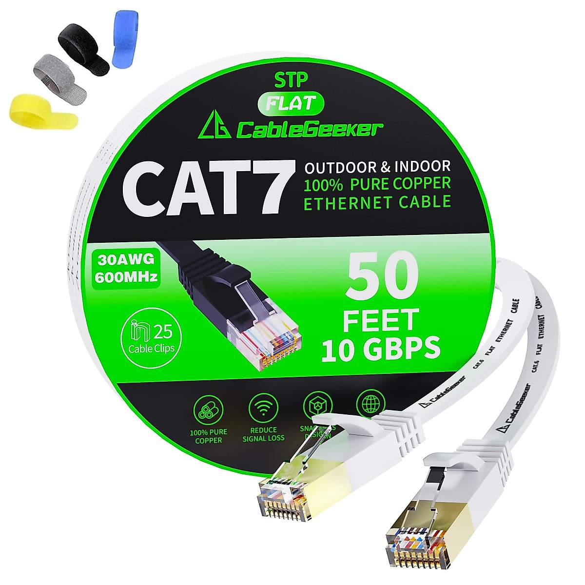 Cat 7 Shielded Ethernet Patch Cable 50 ft White (Highest Speed Cable) Cat7 Flat Internet Network Cable with Snagless RJ45 Connector for Modem, Router, LAN, Computer + Free Cable Clips and Straps