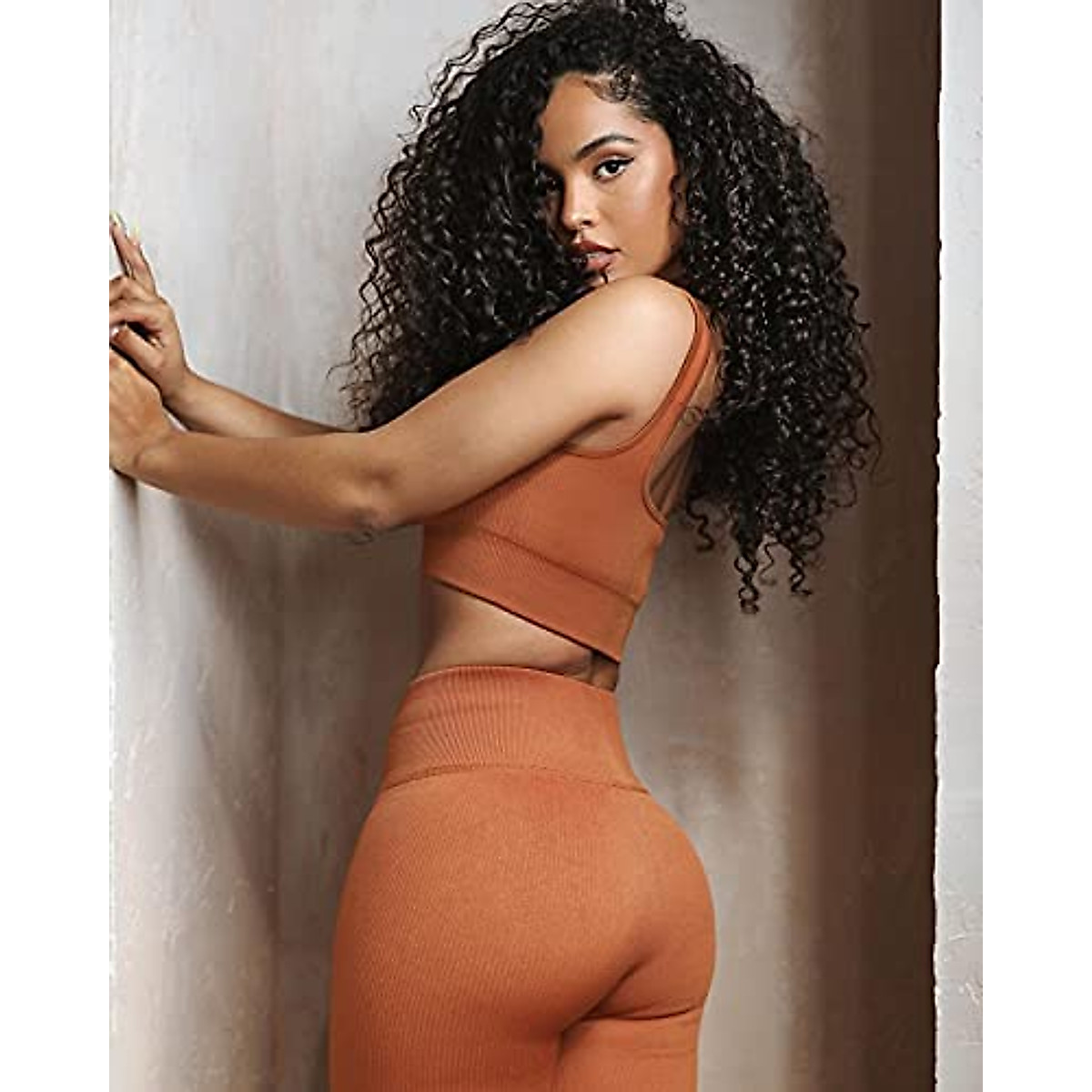 Women's Seamless Ribbed Crop Tank and Tummy Control Biker Shorts Jumpsuit Romper Set 2 Piece Workout Outfit Coffee L