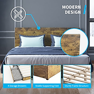 Mjkone California King Size Bed Frame with Storage, Rustic Cal King Size Platform Bed with Headboard, Platform Bed Frame with 4 Drawers, Wood Slat Support, No Box Spring Needed, Easy Assembly