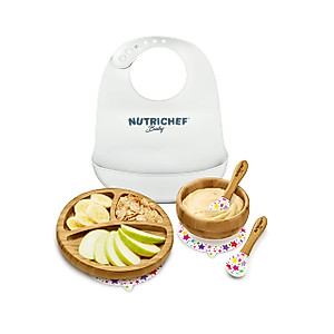 NutriChef Round Bamboo Baby Plate, Star Set with Bib