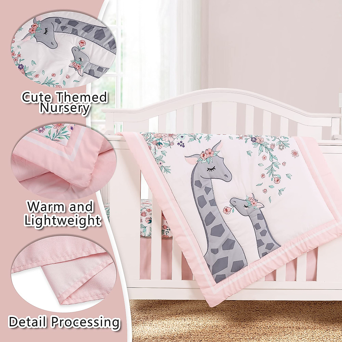 Honkaii Giraffe 3-Piece Crib Bedding Set, Baby Nursery Bedding Sets Including Crib Quilt, Crib Skirt, Crib Sheet, Pink Crib Sets for Girls