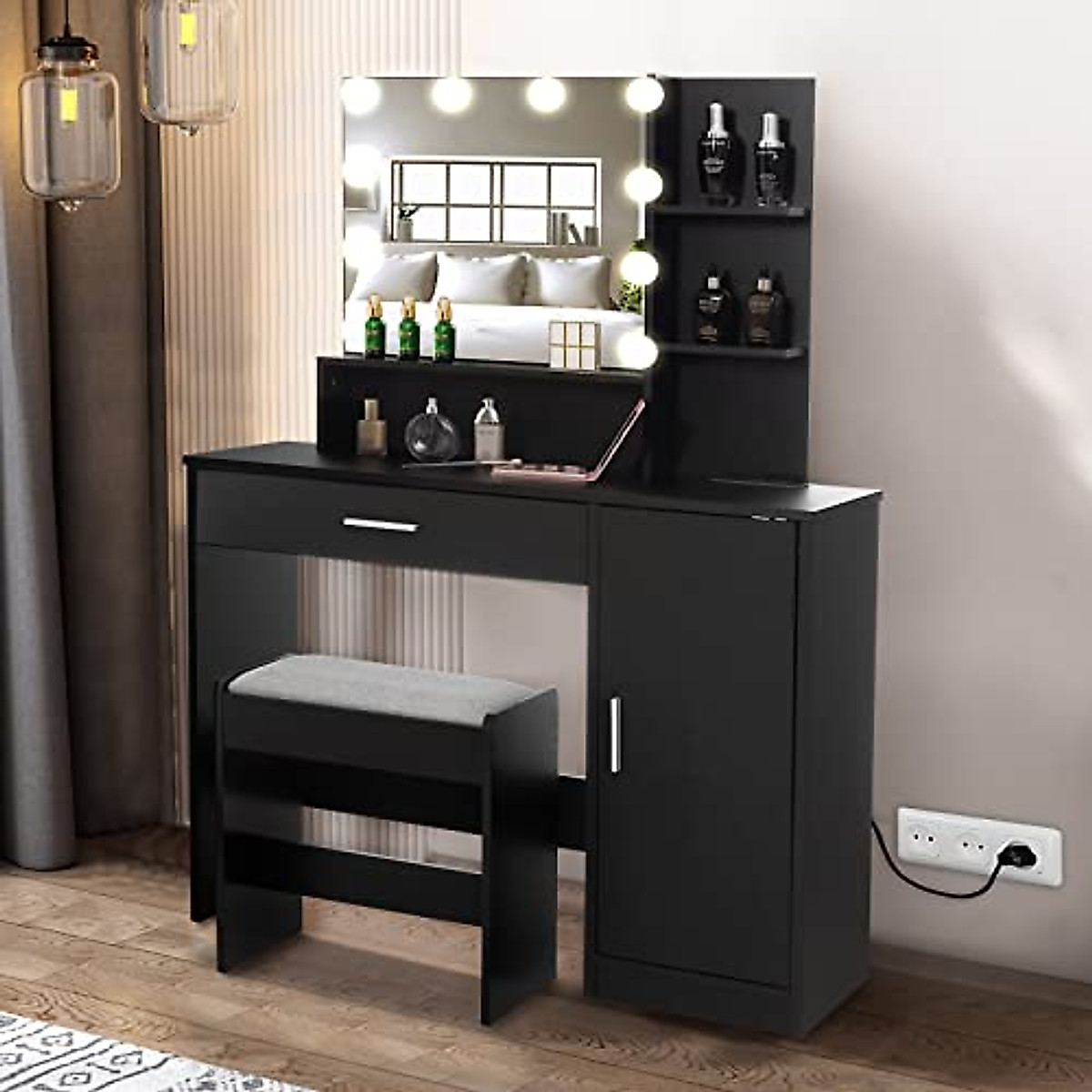 USIKEY Vanity Table Set with Lighted Mirror & Charging Station, Makeup Vanity Table with 1 Drawer, 1 Storage Cabinet, 10 LED Lights, Dressing Tables Vanity Desk with Cushioned Stool for Bedroom, Black